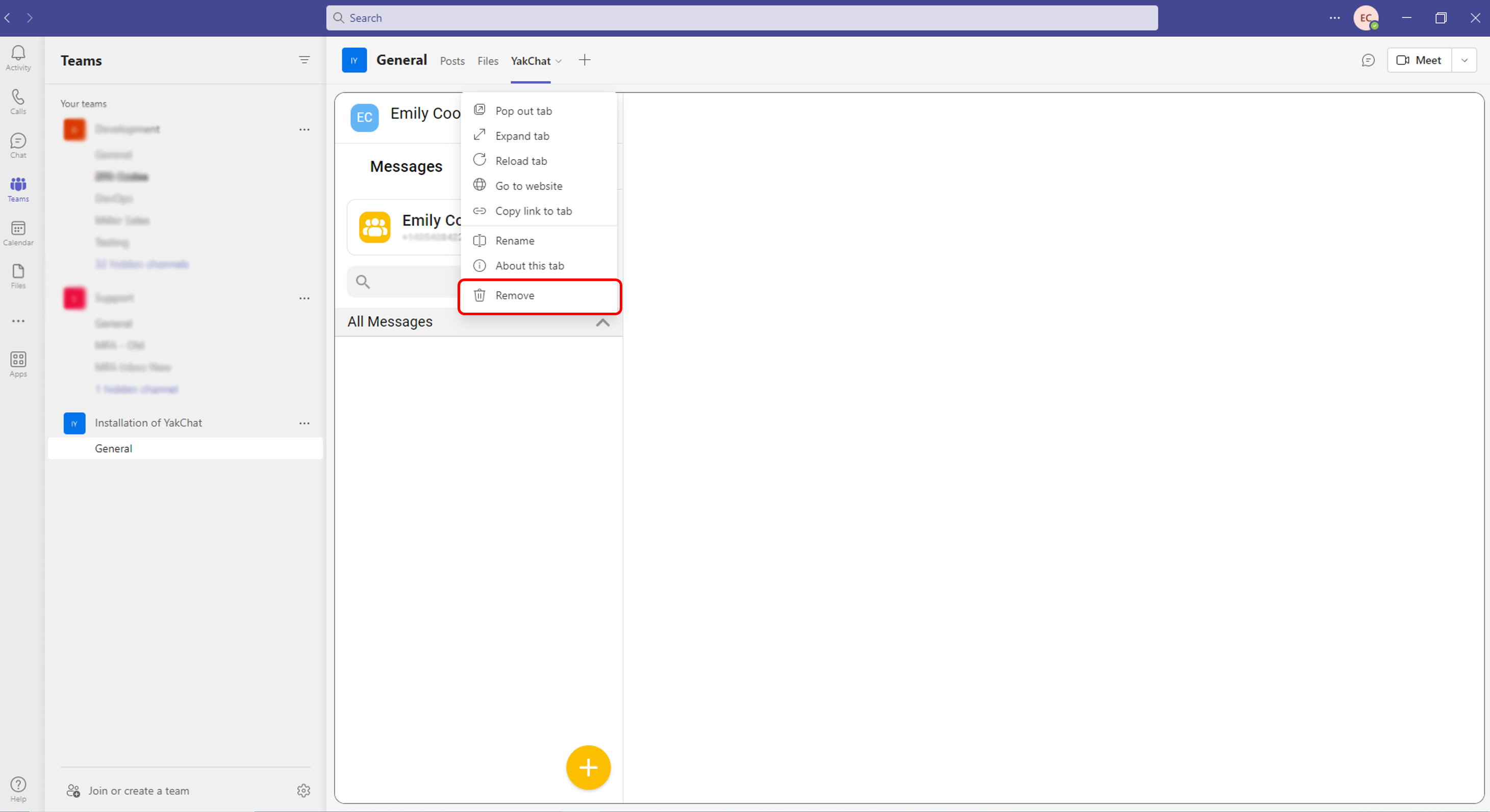 Uninstalling YakChat 2.0 from a Microsoft Teams Channel
